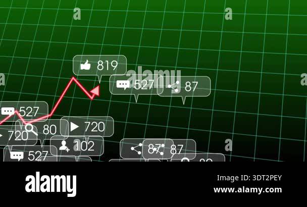 Grid filling screen red line rising and dipping while engagement icons ...