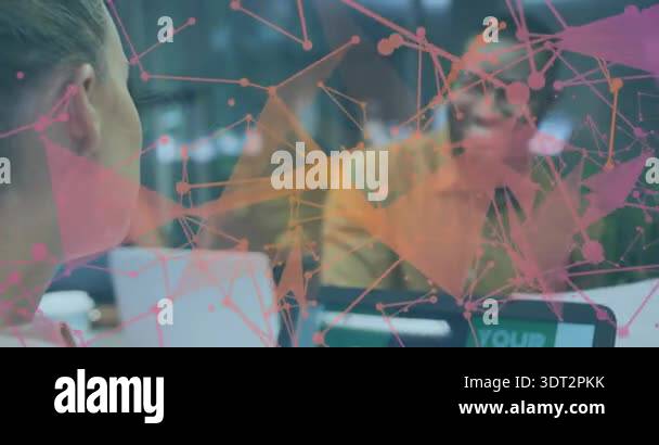 Network overlay animating male coworker entering, gesturing and ...