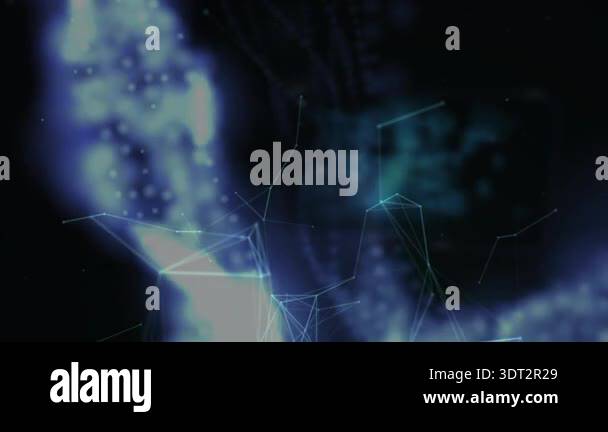 Faint blue glow sparking particle forming network, phone code scrolling ...