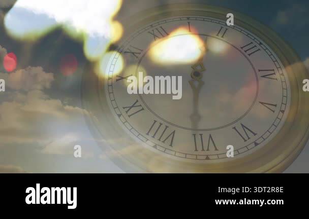 Sunlight piercing clouds creating flares as Roman clock hand advancing ...