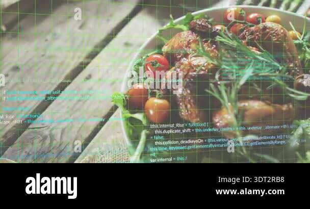 Green grid overlay fading in over chicken veggie bowl, code scrolling ...