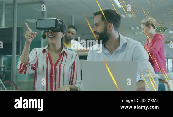 Female employee adjusting VR headset and pointing forward with animated ...