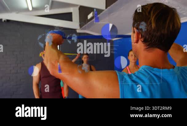 Coach raising resistance band and guiding group through transparent ...