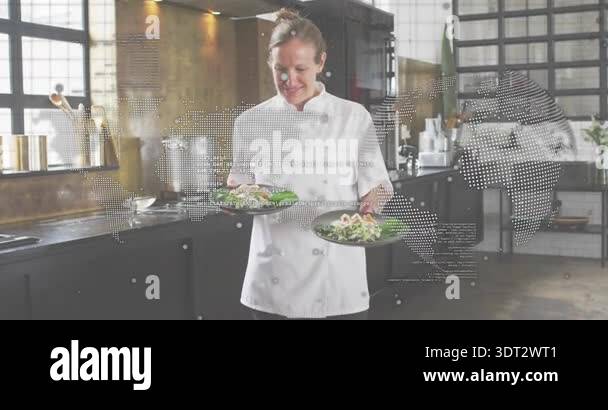 Culinary chef adjusting salad plates while camera zooming in revealing ...