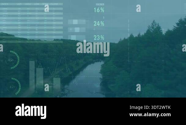 At 1 second fading data table appearing above forest river with charts ...