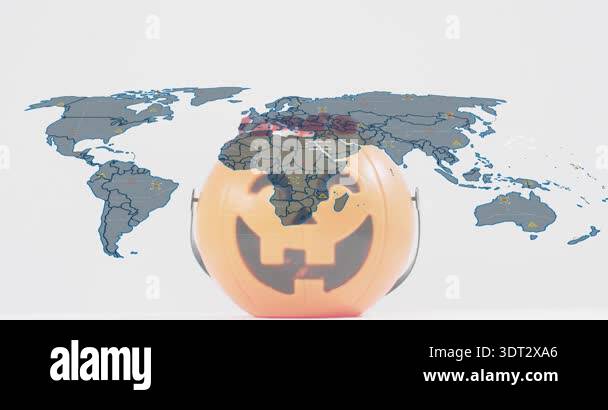 World map outline fading in over pumpkin bucket while colored icons ...