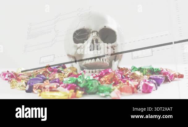 After one-second, digital overlays fading on skull, shifting lines and ...