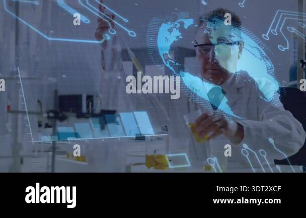 Hologram showing chem lab scientist using pipette, filling tube and ...