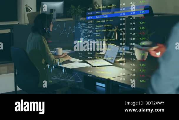 Finance analyst typing and analyzing holograms when coworker presenting ...