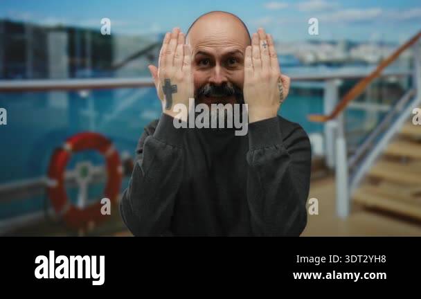 Bald man with beard playfully covers face and makes funny expressions ...