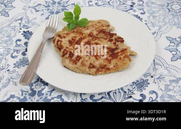Breaded Viennese veal escalope, crispy escalope served on a plate ...