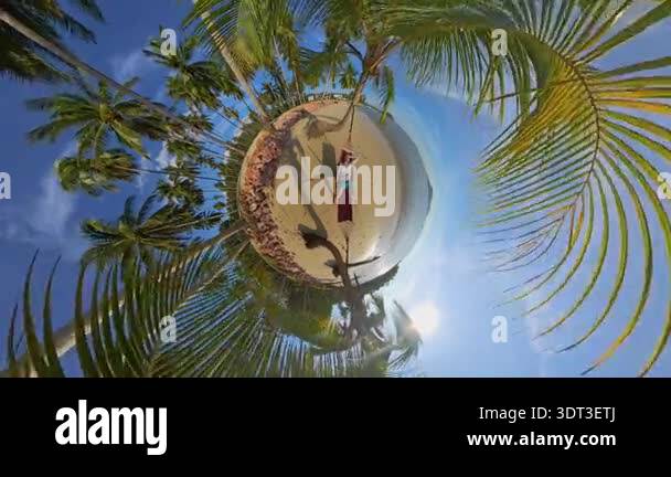 Little Planet View Of Tropical Beach With Man In Hammock Between Palm ...