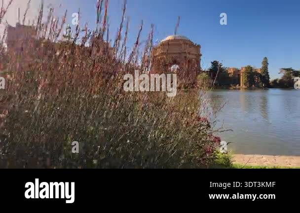 Panoramic 4K handheld shot of the Palace of Fine Arts rotunda in San ...