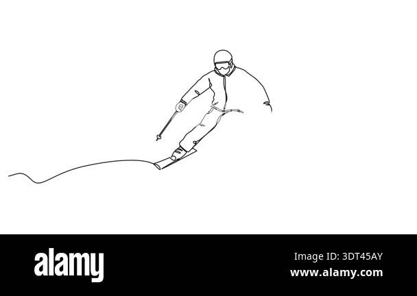 animated continuous line drawing of male skier skiing, line art ...