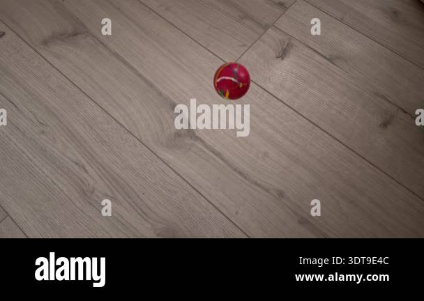 Red rubber bouncing ball repeatedly hitting laminate floor indoors ...
