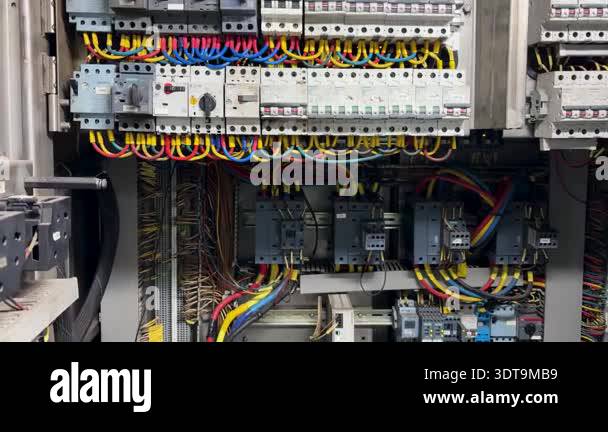 industrial electrical distribution panel with circuit breakers and ...