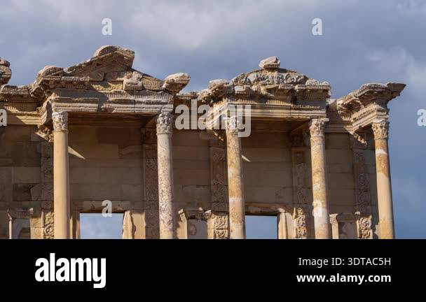 Panoramic Ruined Cornice Row Of Columns Under Tempest Sky, Carved ...