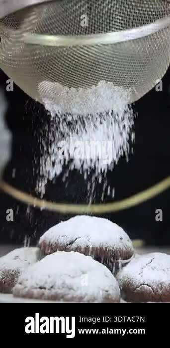 Powdered Sugar Falling Onto Cookies, Closeup Of Metal Sifter Scattering ...