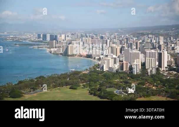 Honolulu and Waikiki beach view from Diamond Head, Hawaii. 4K video ...