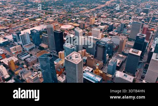 Huston, USA, 24 November 2025: Birds eye view of Houston city center ...