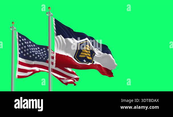 The Beehive Flag of Utah and the american flag waving isolated on green ...