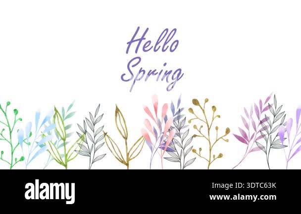 "hello spring" title on leaves waving white background, spring season ...