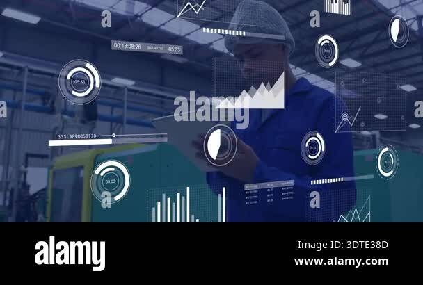 Factory technician tapping tablet screen to load metrics for review ...