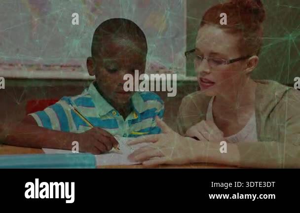 Female tutor guiding boy writing in notebook with animated letters ...
