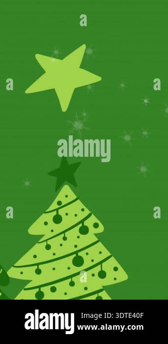 Animation of snow falling over christmas trees on green background ...