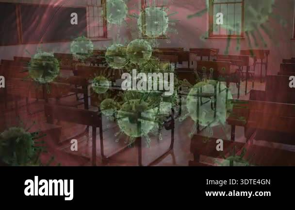 Virus cluster appearing triggers swirling over empty classroom showing ...