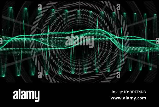 Beginning green dotted line via tunnel, waving with pulsing bars and ...