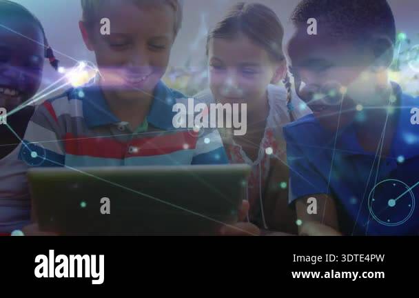 Boy tapping tablet screen with friends leaning, causing animated ...