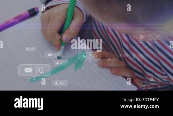 Girl placing green marker tip on notebook, drawing arrow while icons ...