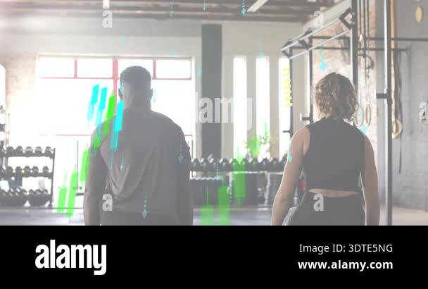 Fitness duo entering gym carrying kettlebells while animated bar graphs ...