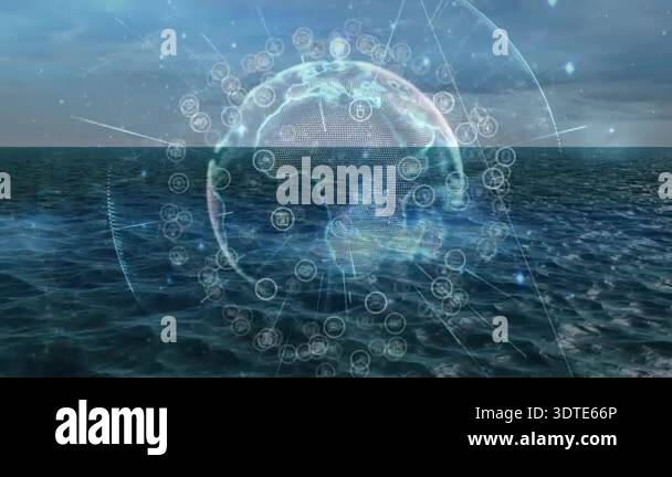 Globe emerging above ocean at dusk, rings appearing, nodes pulsing ...