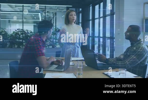Female presenter introducing business agenda and sweeping hand ...