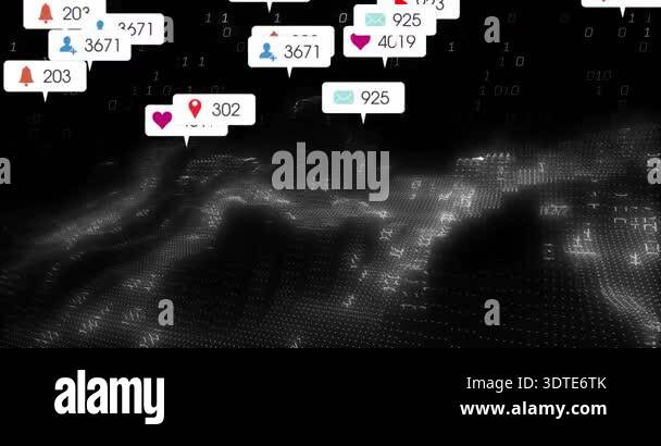 Binary grid unfolding, data boxes rising with social icons, metrics ...
