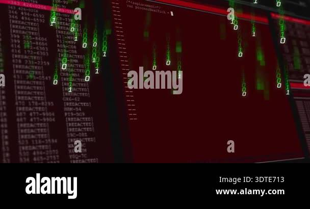 Flickering digits initiating binary rain streaming across red code UI ...