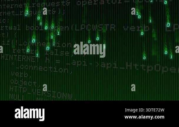 Code text solidifying starting binary digits falling through scrolling ...