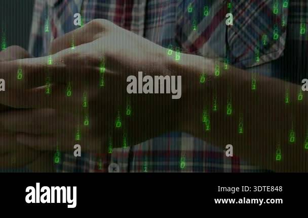 Male holding smartphone tapping screen browsing data, with green tech ...