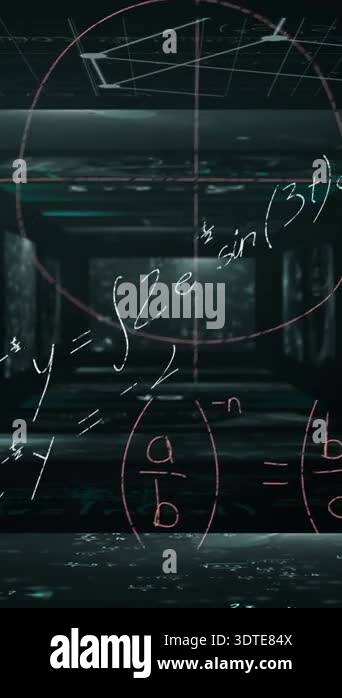 Animation of data processing and mathematical equations over screens ...