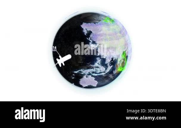 Globe rotating sending airplane flying east, expanding red halo ...