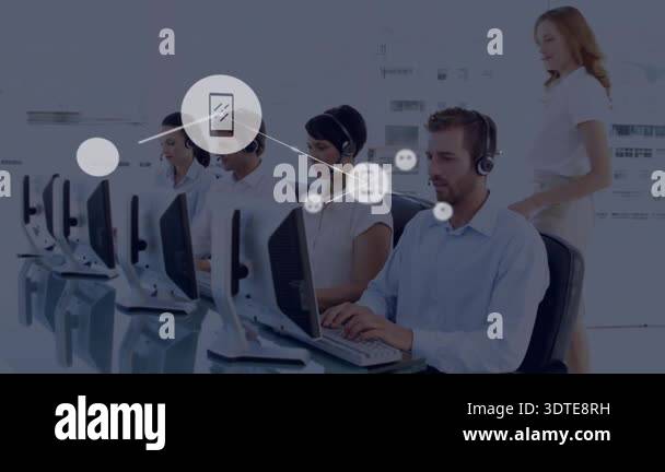 Supervisor pointing at call-center agents typing as animated phone or ...