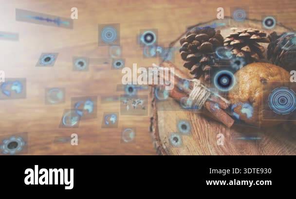 Blue icons emerging left hovering over pine cones cinnamon sticks ...