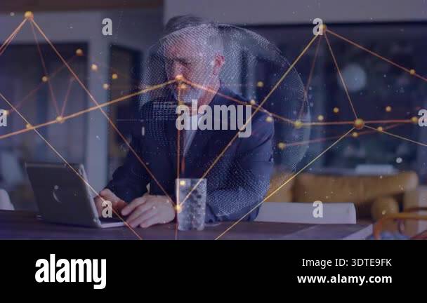 Business executive male typing on laptop and analyzing network data ...