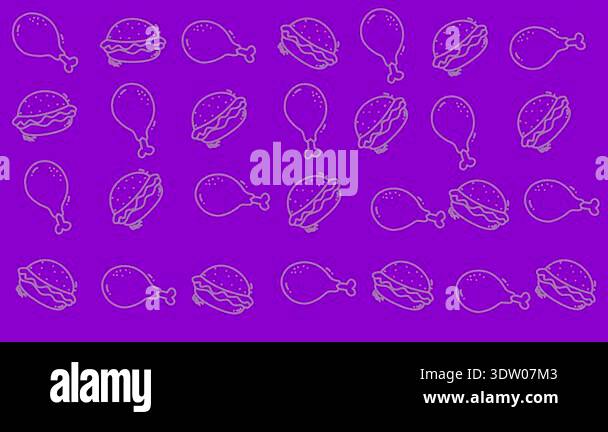 Seamless purple fast food line art pattern burger chicken drumstick ...