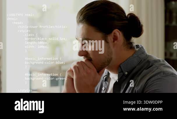 Male developer leaning at desk and scrolling HTML CSS tech code ...