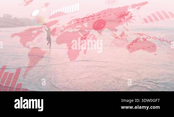 Female runner pacing shoreline while overlay revealing virus icons and ...
