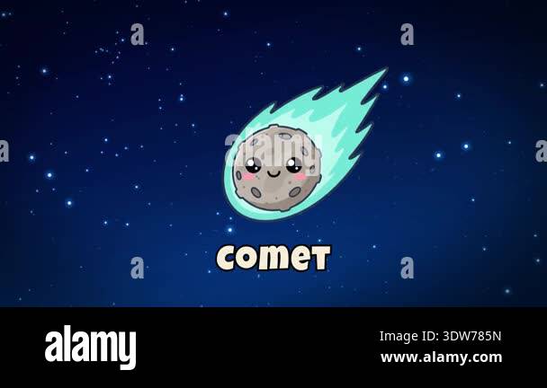 Animated cartoon of a grey comet with a cute smiling face and a glowing ...