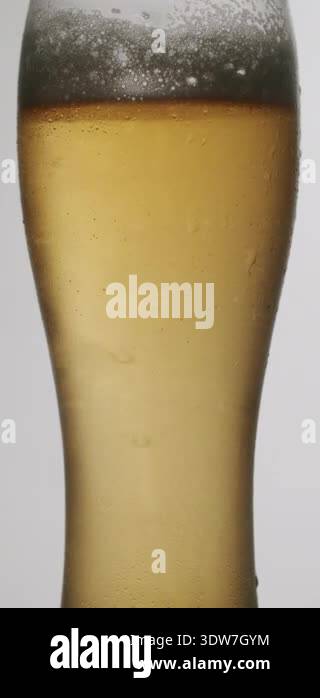 Refreshing pint of cold light beer with a frothy head rotating in slow ...